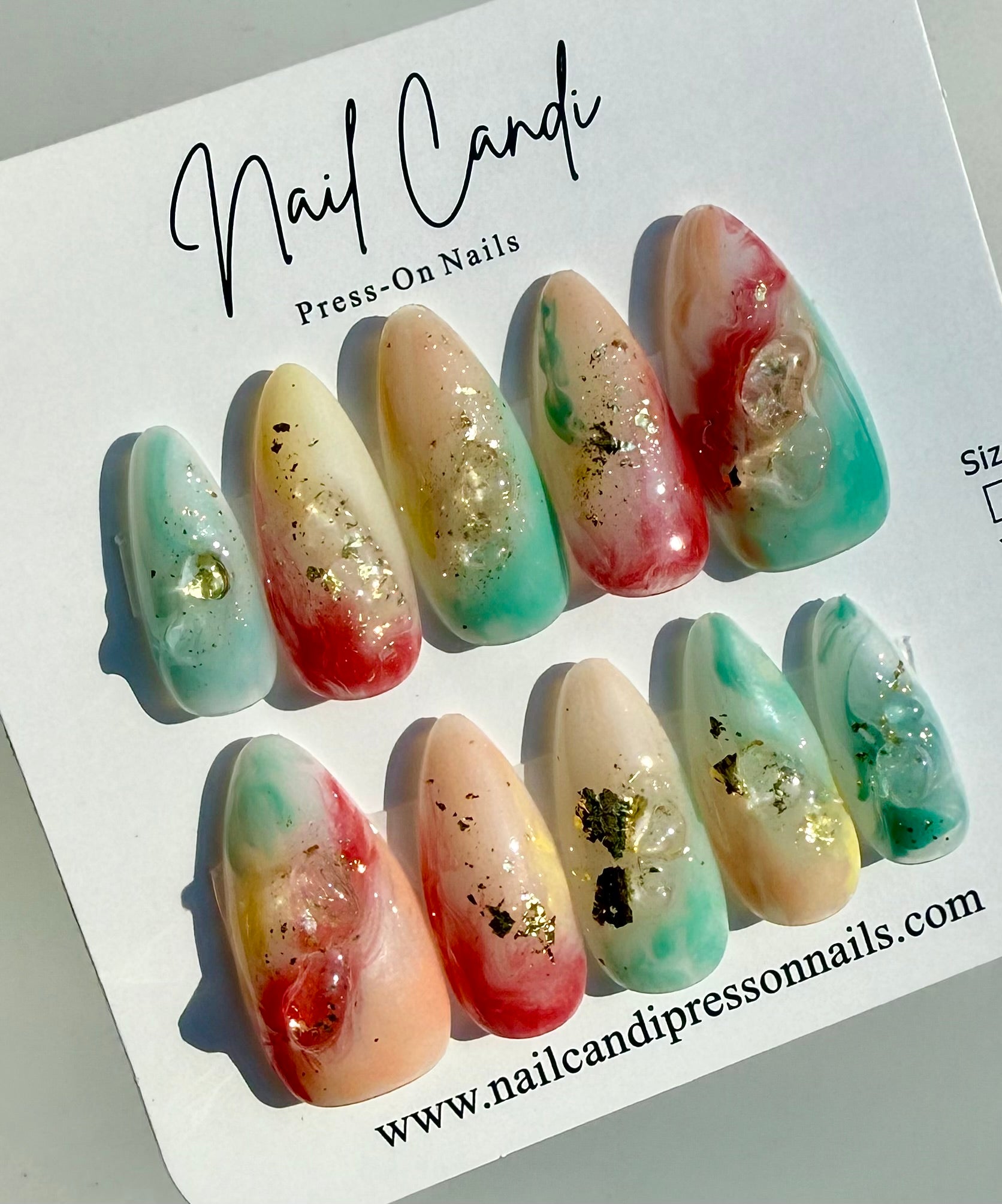 Handmade Bright Colored Gold Flake Nails